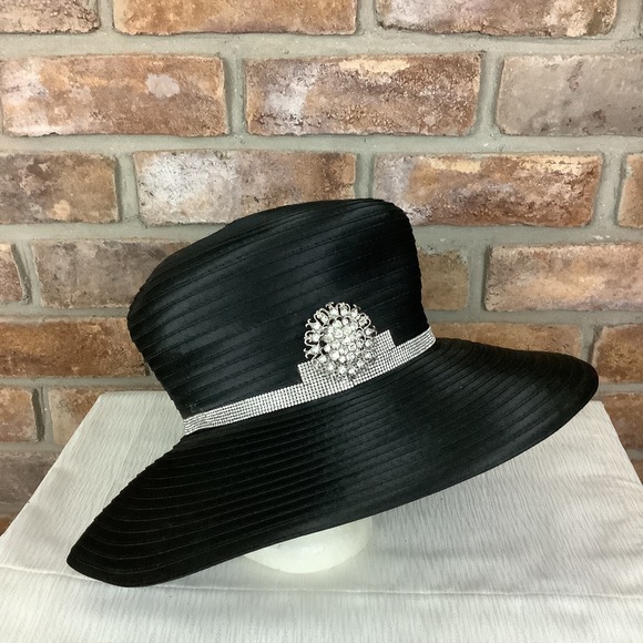 Accessories | Vintage Wide Brim Rhinestone Embellished Black Hat | Poshmark